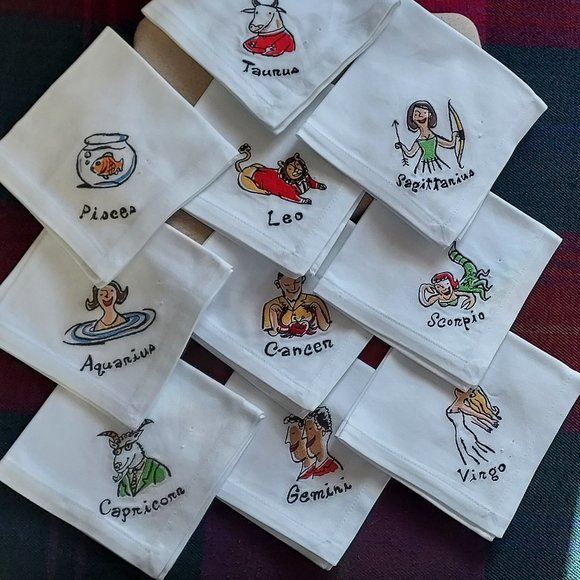 Dining | 1 Embroidered White Astrology Sign Party Cocktail Napkins 8x8 ...
